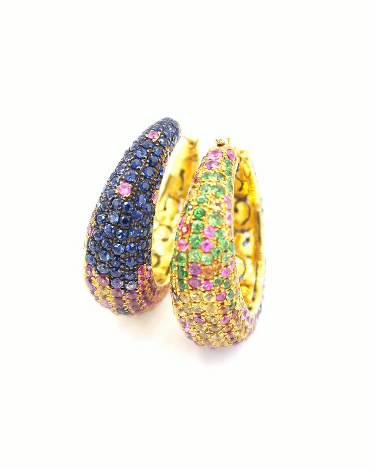 2 Sided Multicolour Stone Hoops Blue/Yellow/Orange Sapphire Tsavorite ...