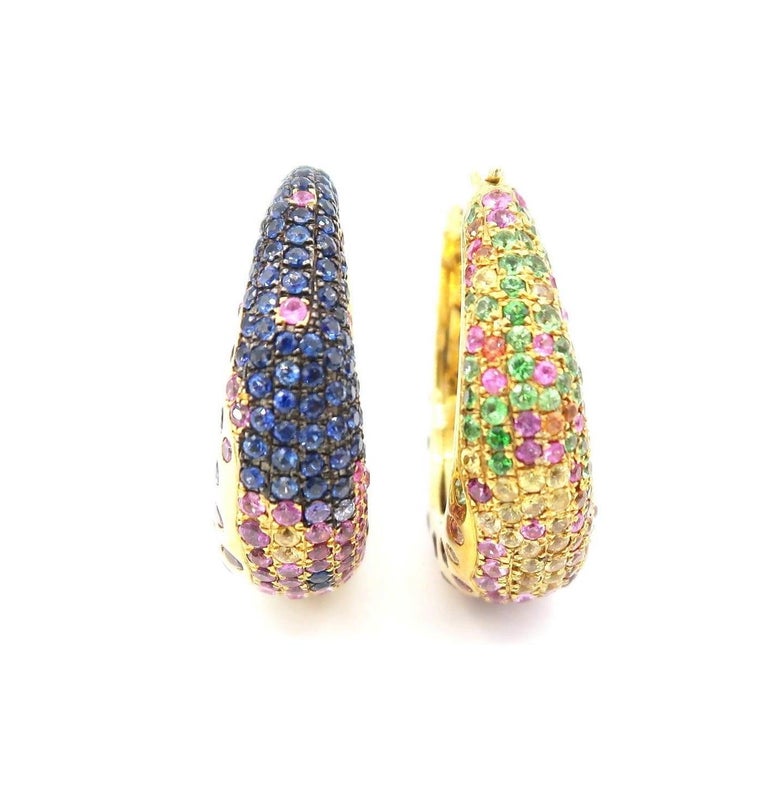 2 Sided Multicolour Stone Hoops Blue/Yellow/Orange Sapphire Tsavorite ...