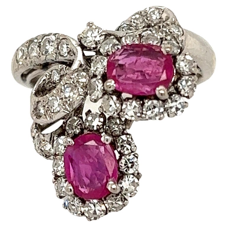 Vintage 2-Stone Ruby and Diamond Gold Cocktail Ring For Sale at 1stDibs