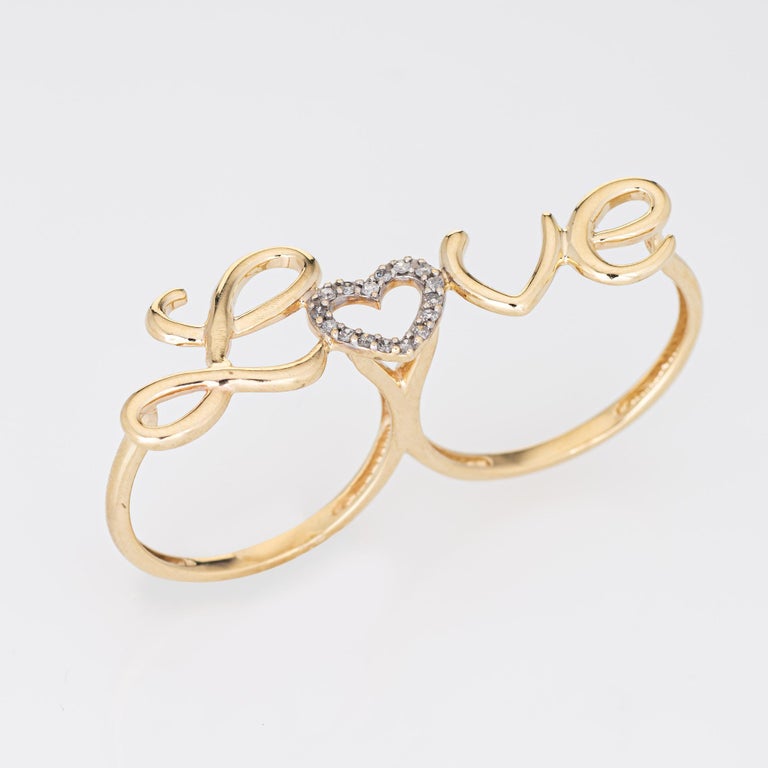 2 Two Finger Diamond Love Ring Script Estate 10k Yellow Gold Fine ...