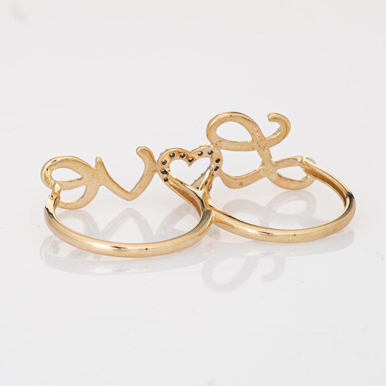 2 Two Finger Diamond Love Ring Script Estate 10k Yellow Gold Fine ...