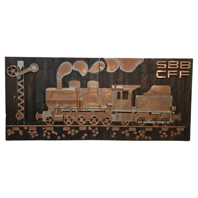 2 Very Large Wooden Wall Panels with Tin-Soldered Copper Train For Sale ...