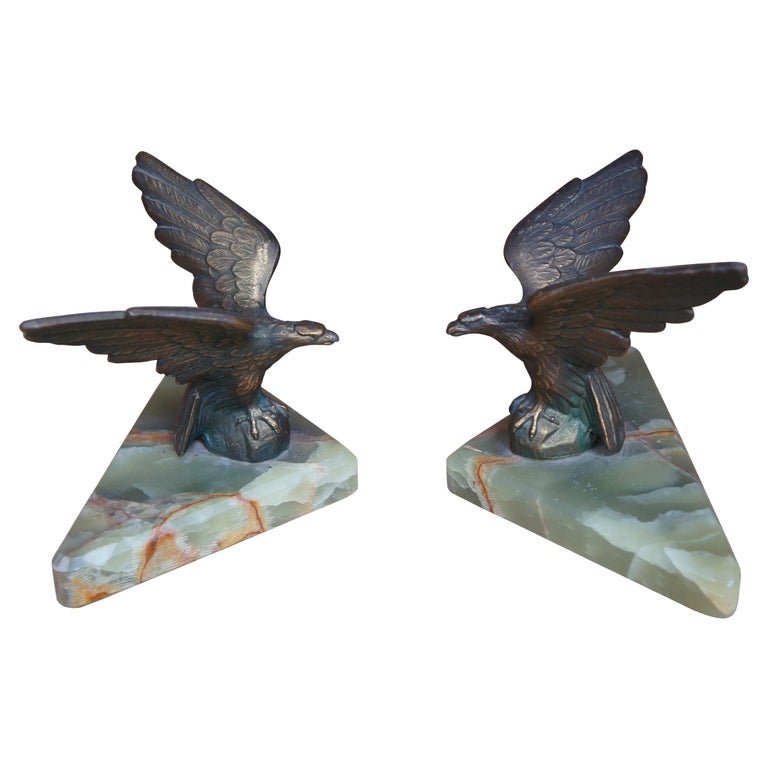 2 Vintage Art Deco Brass Eagle Bookends Paperweight Triangular Stone ...