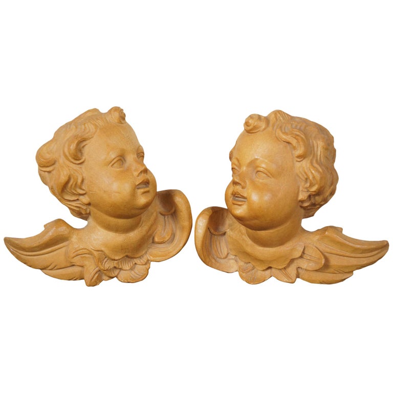2 Vintage Carved Wood Putto Putti Angel Cherub Head Figural Wall ...
