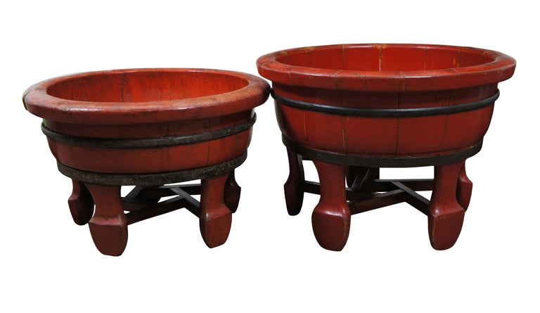 2 Vintage Chinese Wooden Red Lacquer and Iron Half Barrel Wash Basin ...
