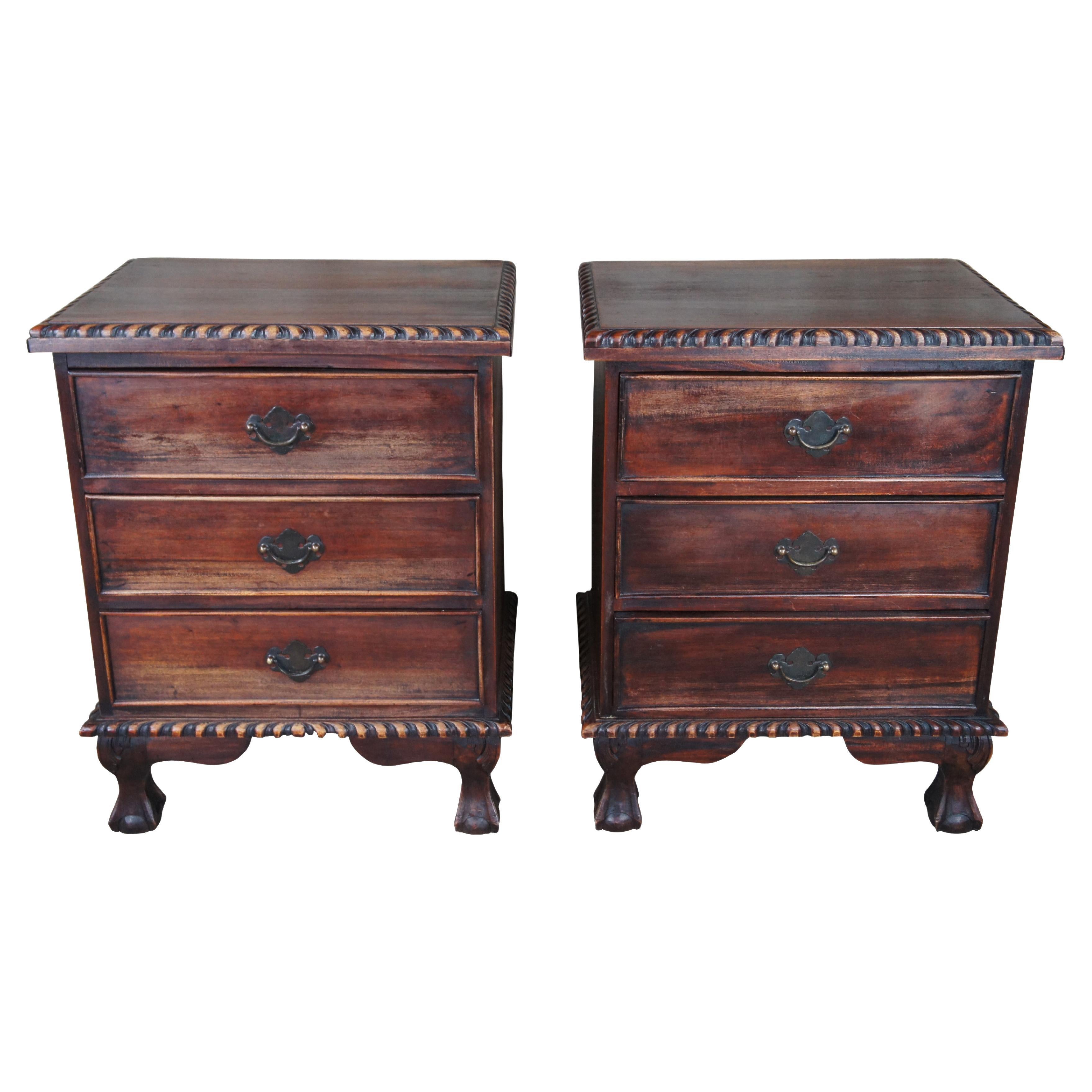2 Vintage English Chippendale Style Mahogany 3 Drawer Bedside Table Nightstands