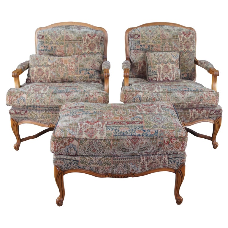 2 Vintage French Provincial Fauteuil Library Club Arm Accent Chairs and ...