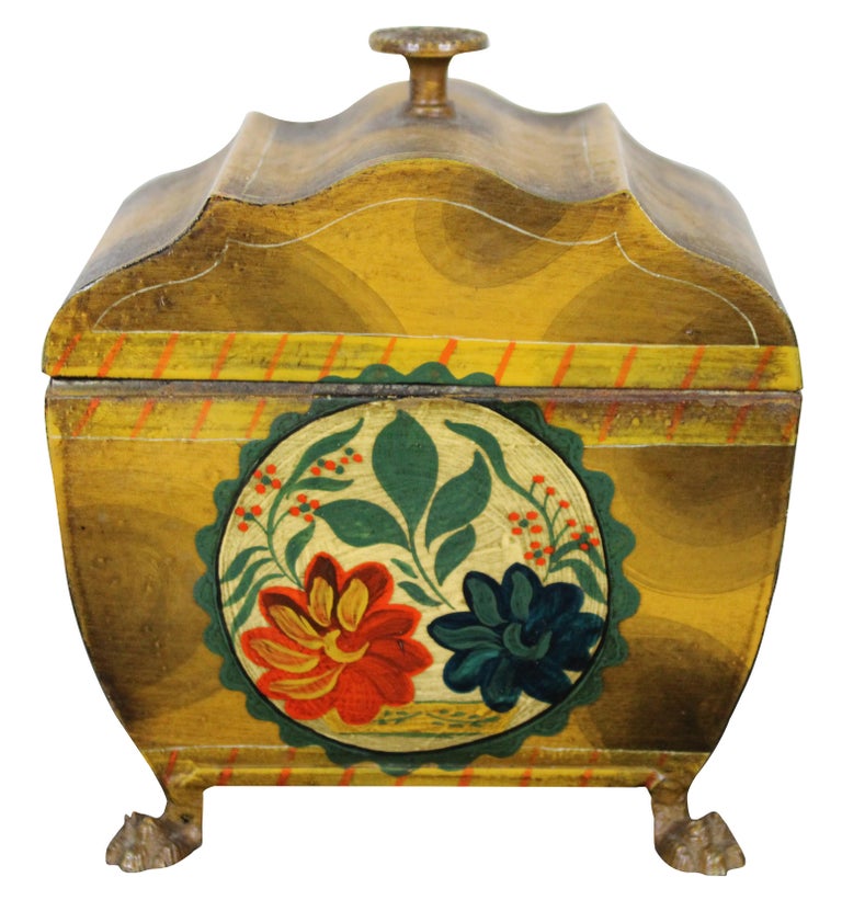 2 Vintage Italian Toleware Painted Metal Tea Caddy Footed Trinket Box ...