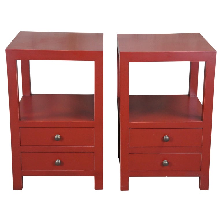 2 Vintage Modern Tiered Red Lacquer Chinoiserie Side Tables Nightstands ...