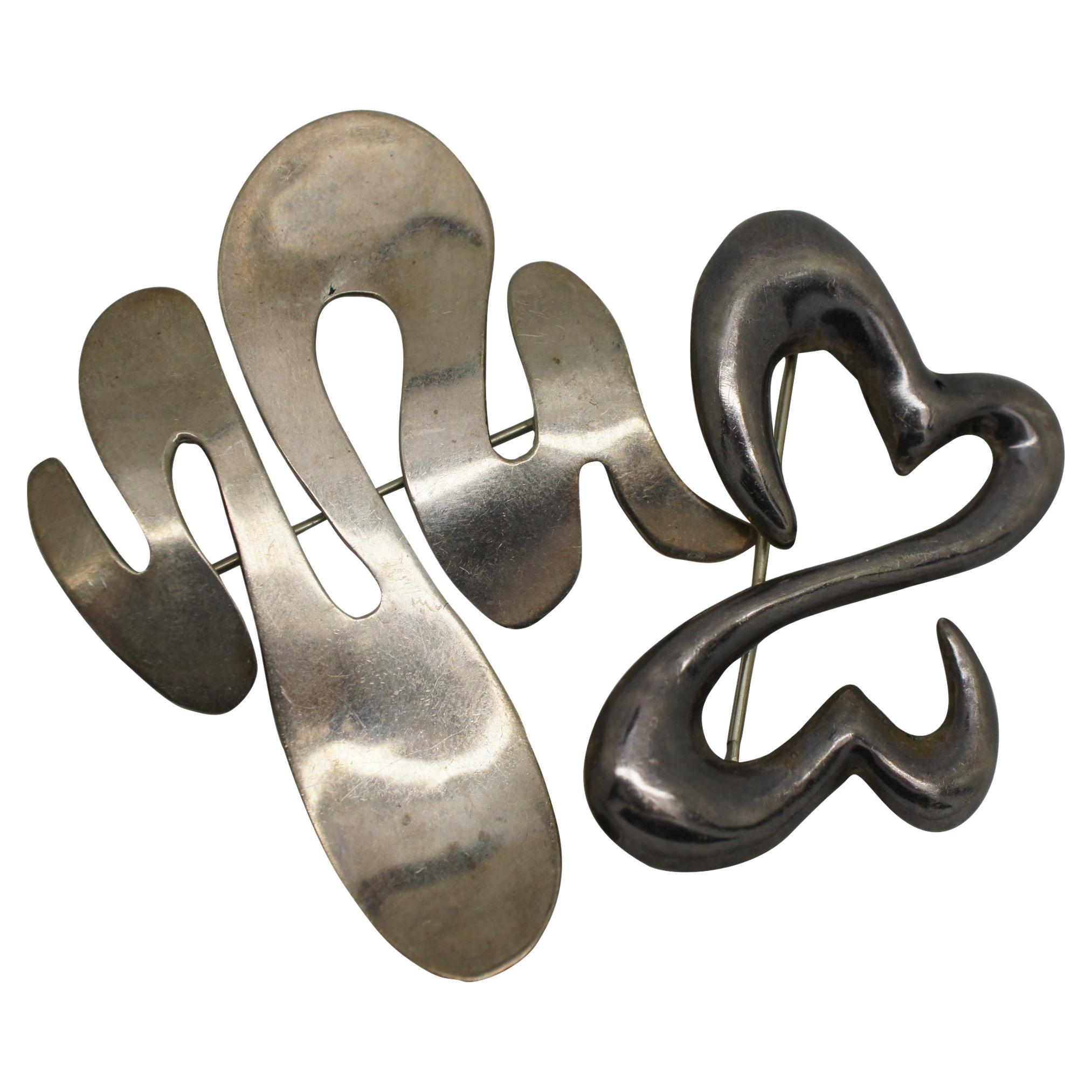 2 Vintage Sterling Silver 925 Brooch Pins Abstract Hearts Mexico 2" For ...