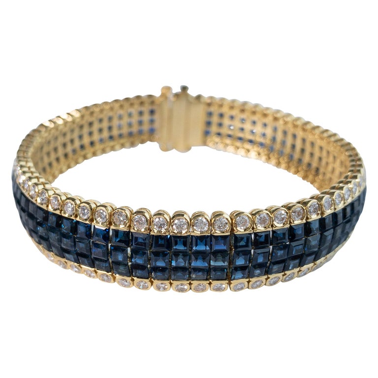 20 Carat Blue Sapphire and 4 Carat Diamond Invisible Set Bracelet in ...