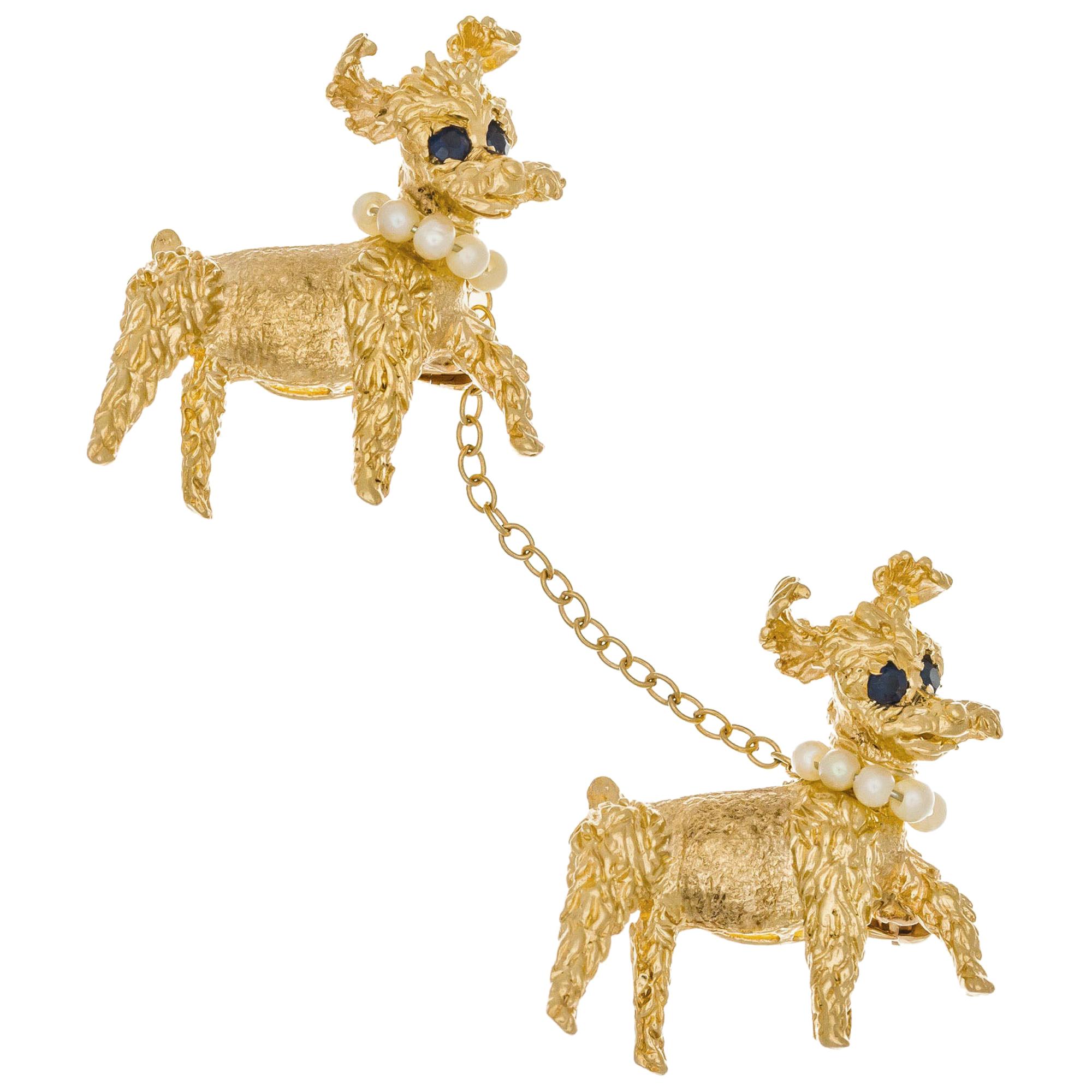 .20 Carat Blue Sapphire Pearl Yellow Gold Poodle Brooch at 1stDibs