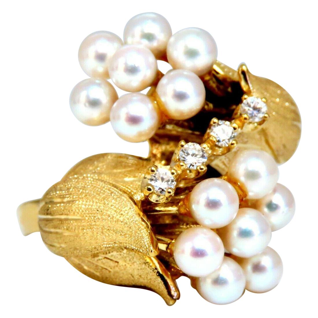 .20 Carat Japanese Cultured Pearls .20 Carat Diamonds Flower Ring 14 ...