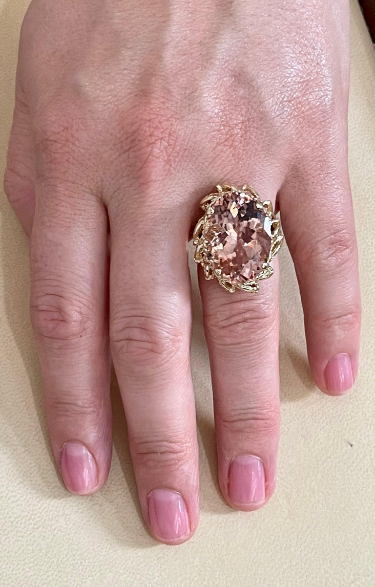 20 Carat Oval Shape Morganite Cocktail Ring 14 Karat Yellow Gold Estate ...