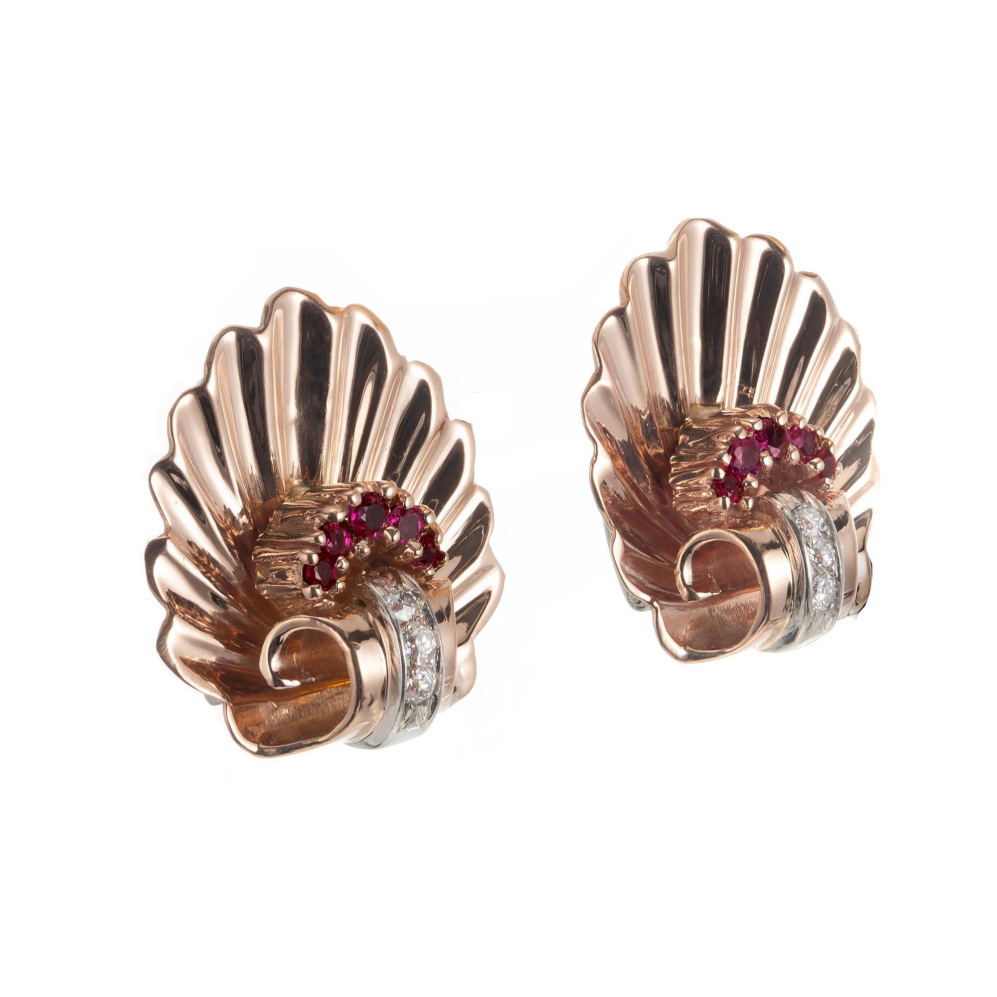 .20 Carat Ruby Diamond Rose White Gold Shell Earrings at 1stDibs