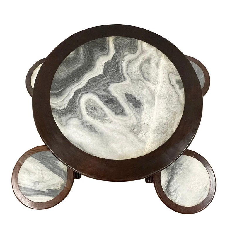 20 Century Chinese Marble Top Hardwood Carved Round Dinning Table Set ...