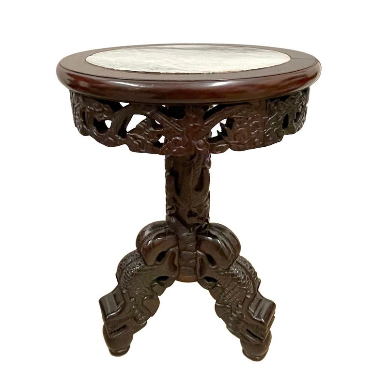 20 Century Chinese Marble Top Hardwood Carved Round Dinning Table Set ...