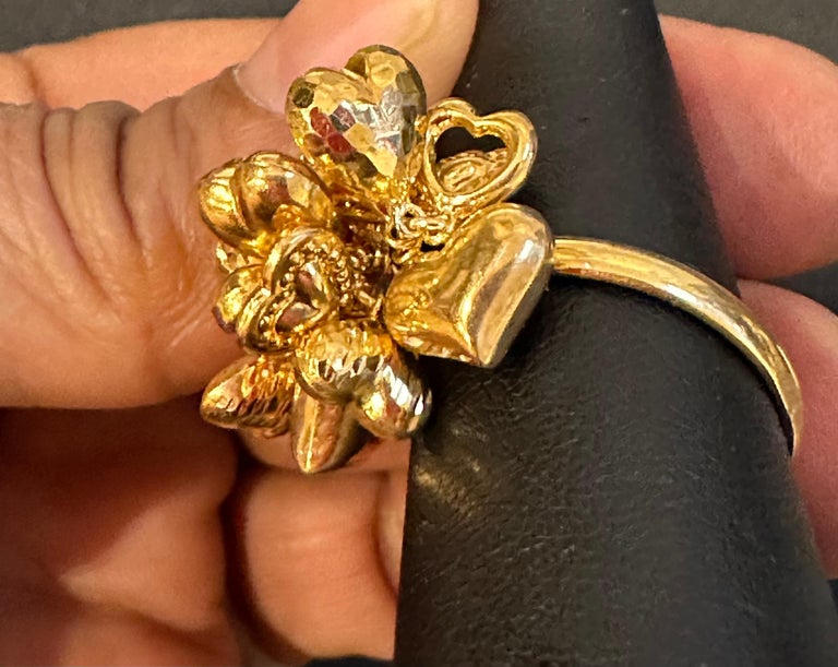 20 Heart Charm Floating 14 Karat Yellow Gold Ring For Sale at 1stDibs