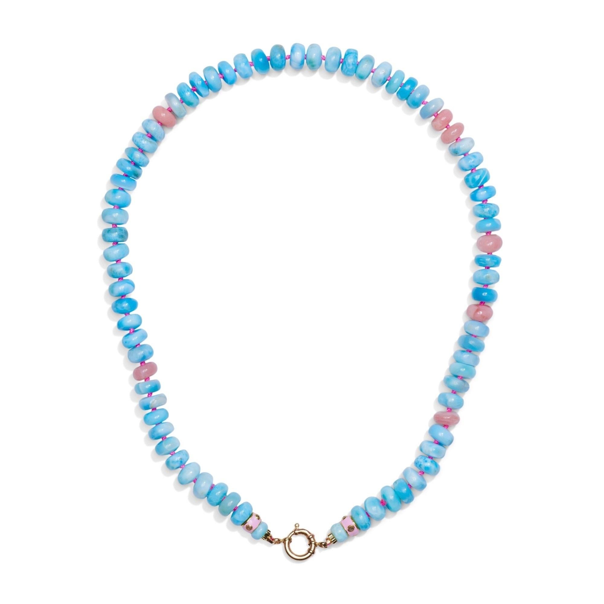 Diamond with Larimar Beaded Pink Opal Necklace in 14K Yellow Gold For ...