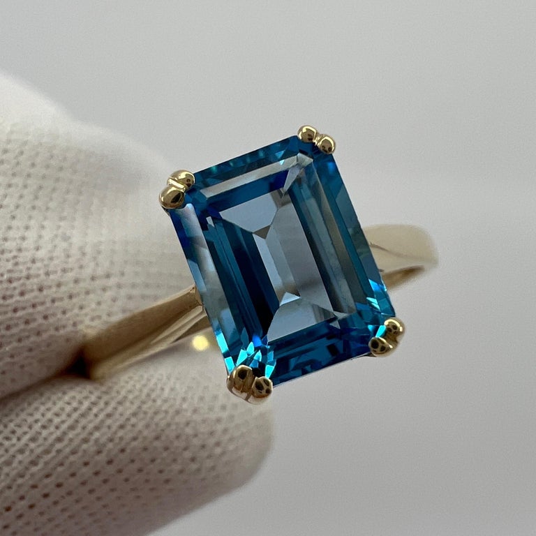 2.00 Carat Swiss Blue Topaz Emerald Octagonal Cut Yellow Gold Solitaire ...