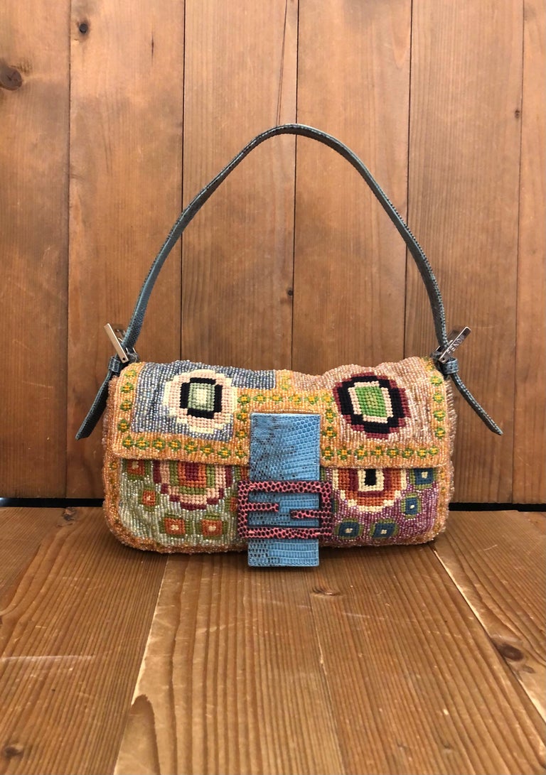 2000 Vintage FENDI Embroidery Beaded Baguette Shoulder Bag Multicolors ...