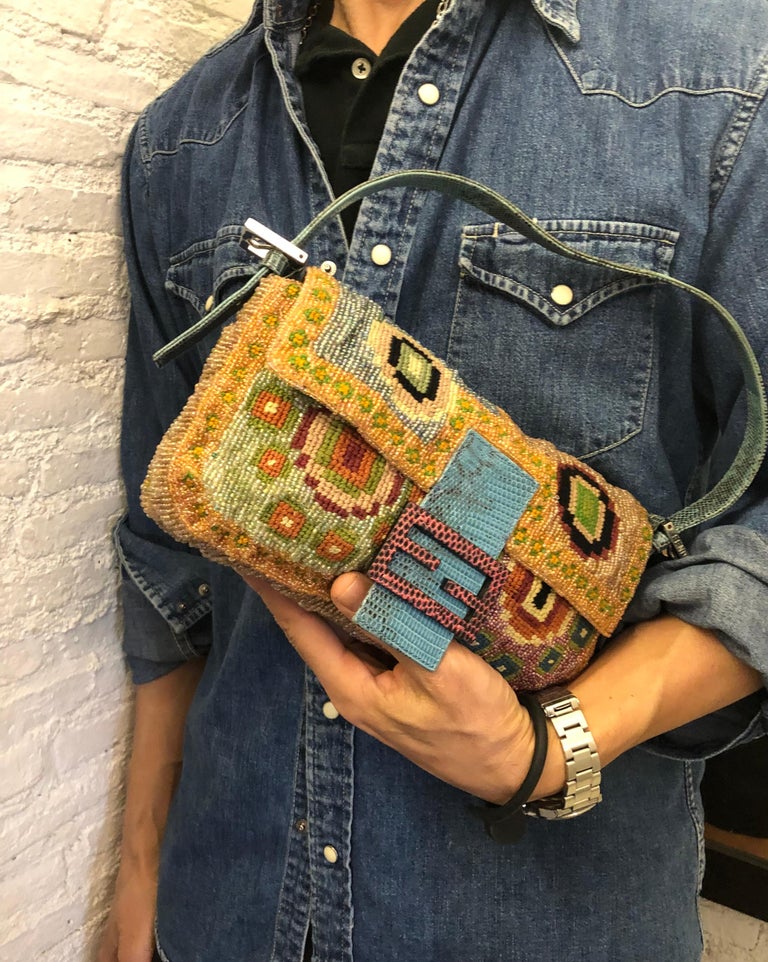 2000 Vintage FENDI Embroidery Beaded Baguette Shoulder Bag Multicolors ...