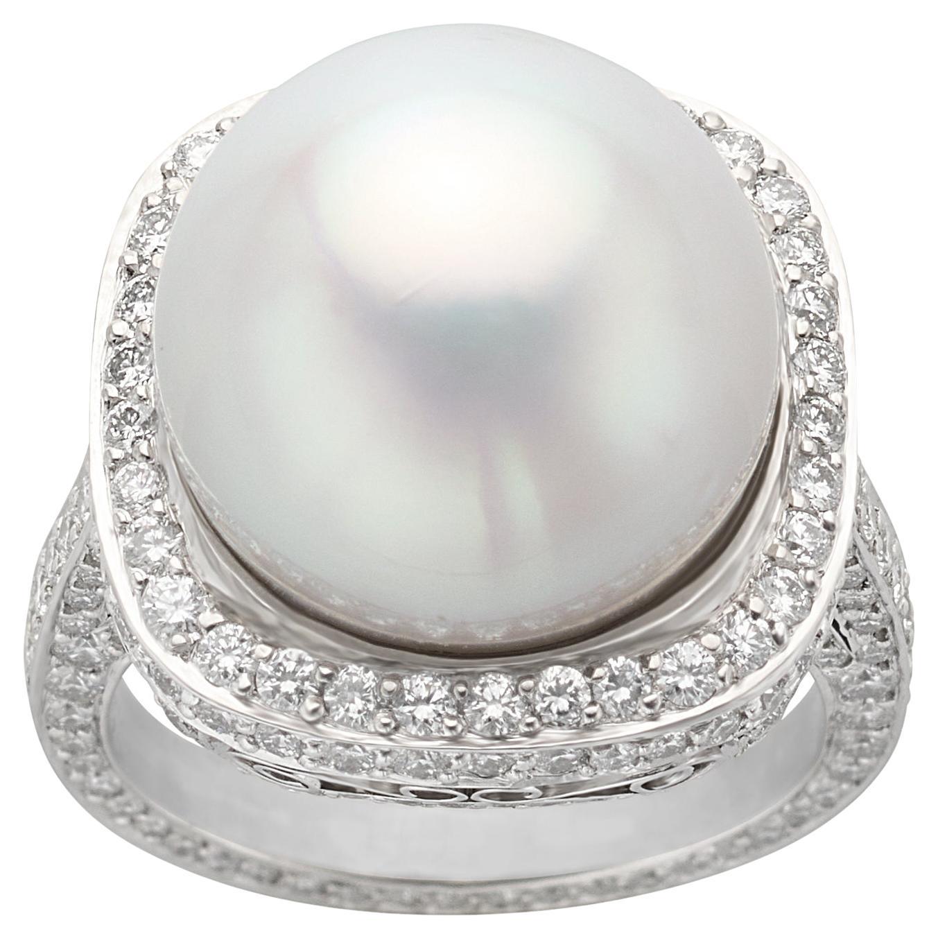 1980s Sculptural South Sea Pearl with Diamonds Large Gold Cocktail Ring ...