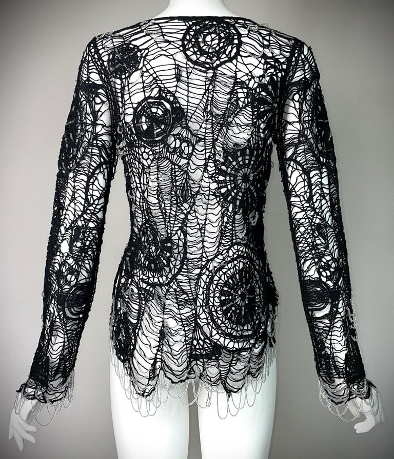2000's Alexander McQueen Black Sheer Knit Spiderweb Beaded Fringe ...