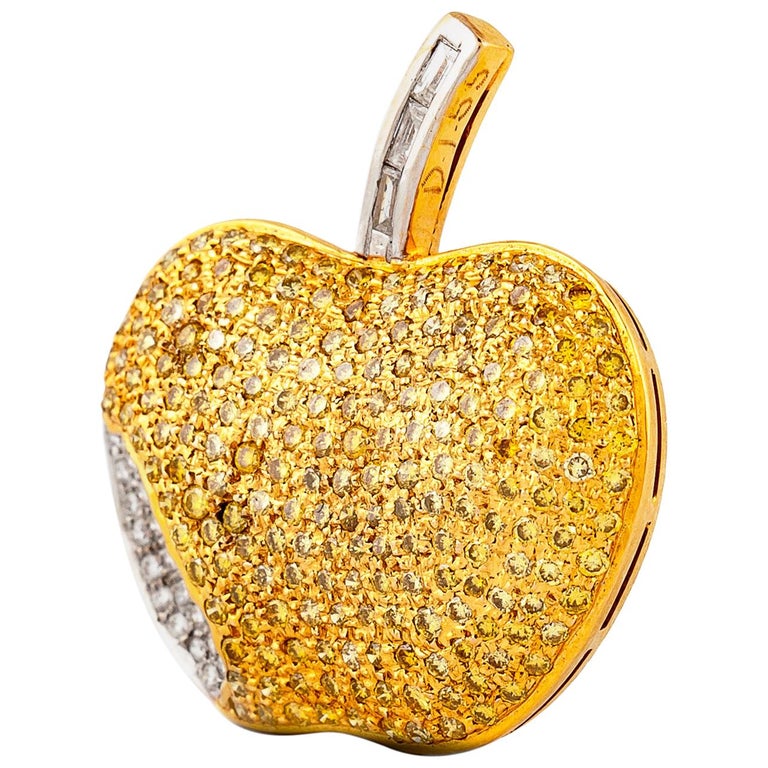 2000s Apple Pendant with Yellow Diamond and Diamonds For Sale at 1stDibs