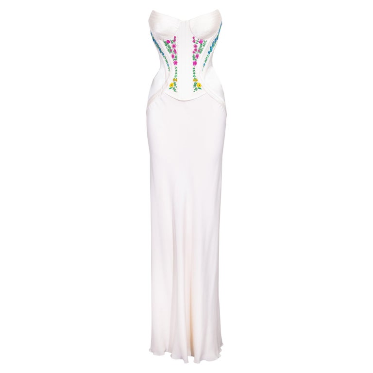 2000's Atelier Versace White Gown with Colourful Floral Embroidery at ...