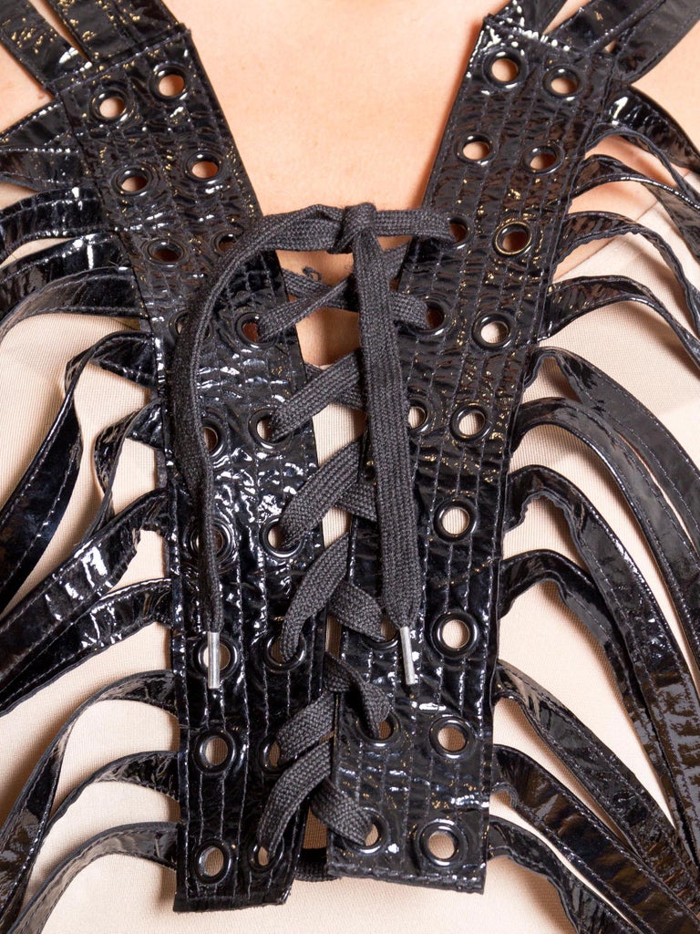 2000S Black Patent Leather Strapy Lace-Up Top With Silver Spine For ...