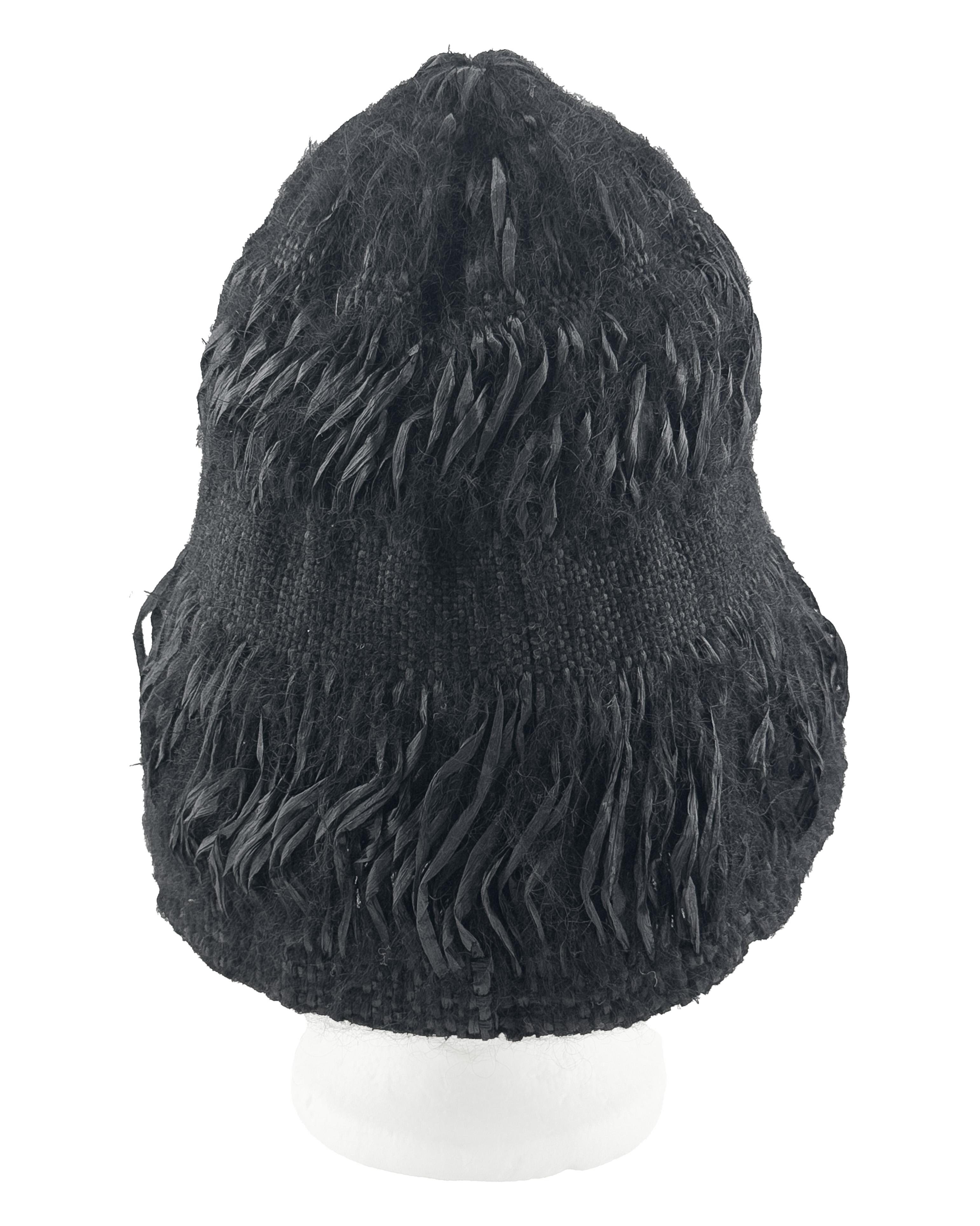 2000's Black Wool and Raffia Hand Knit Hand Unique Pointed Cloche Cap ...