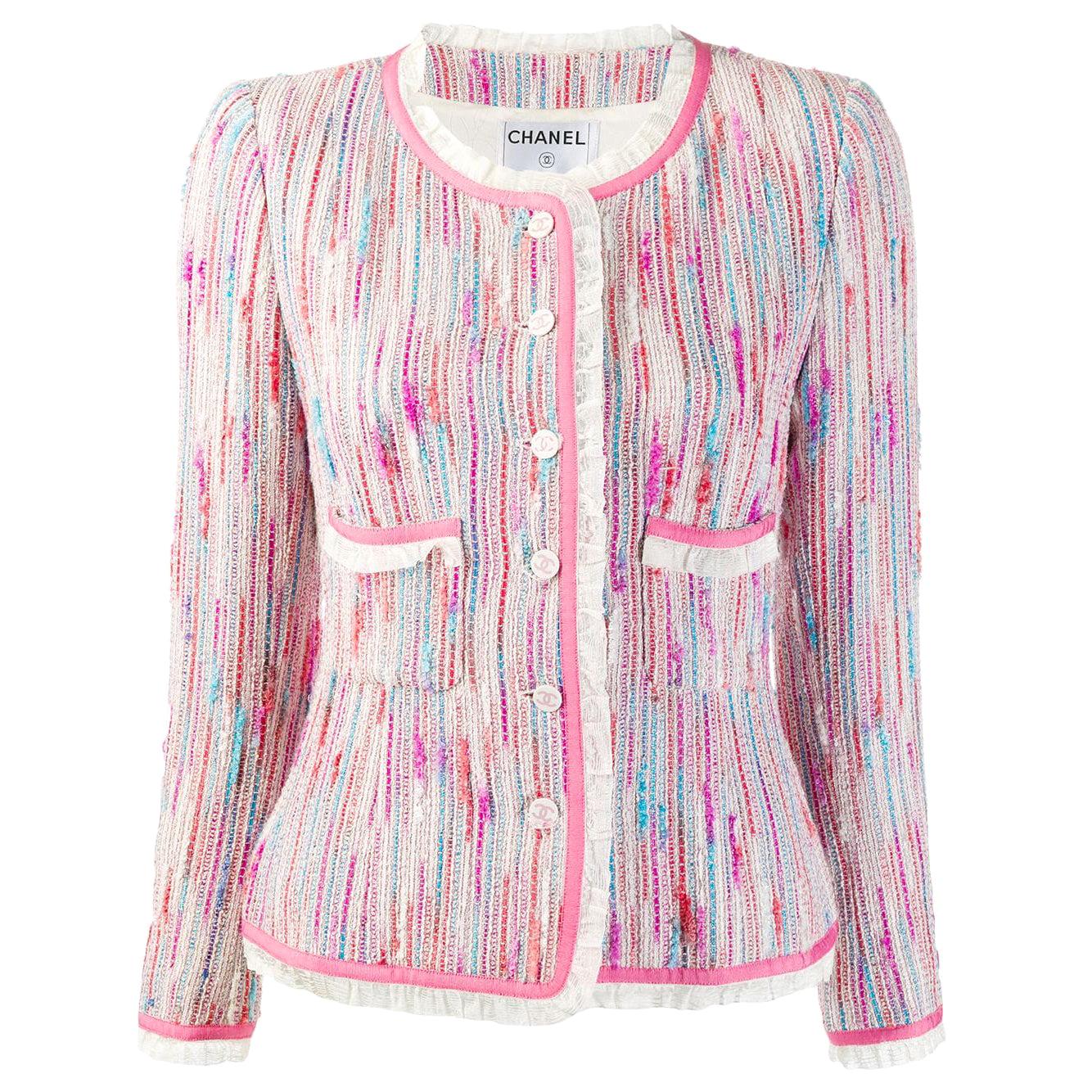 2000s Chanel lace trimmed pink blend wool jacket at 1stDibs