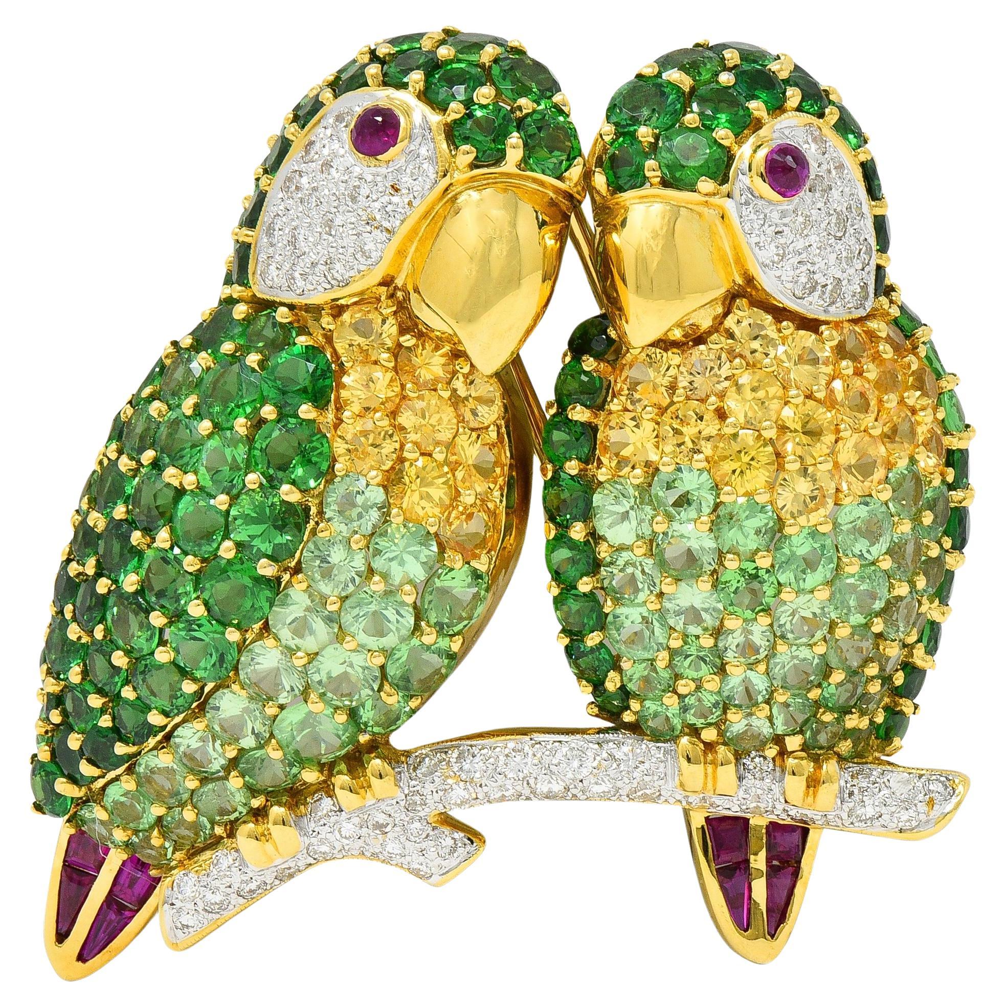 2000's Diamond Multi-Gem 18 Karat Yellow Gold Lovebird Parrot Brooch ...