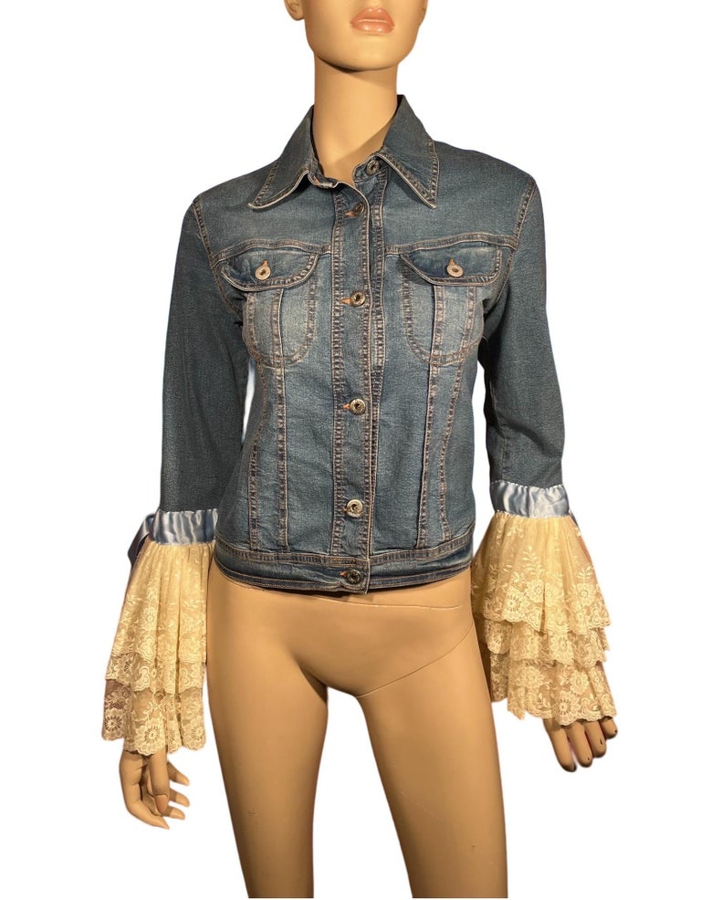 2000's DOLCE and GABBANA Rococo Denim Jacket w/ Lace Angel Sleeves For ...