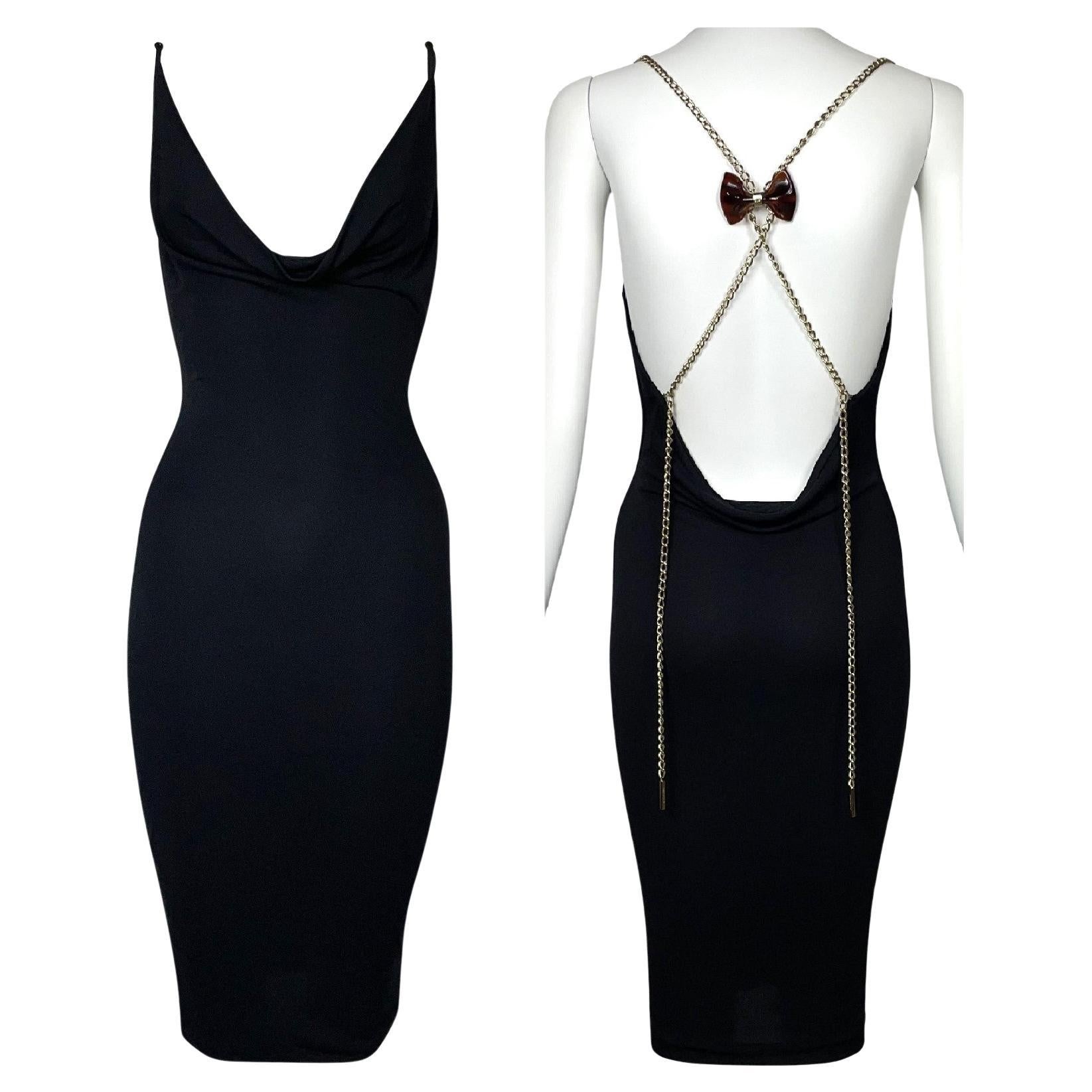 2000's Dsquared2 Plunging Black Bodycon Gold Chains and Bow Backless ...