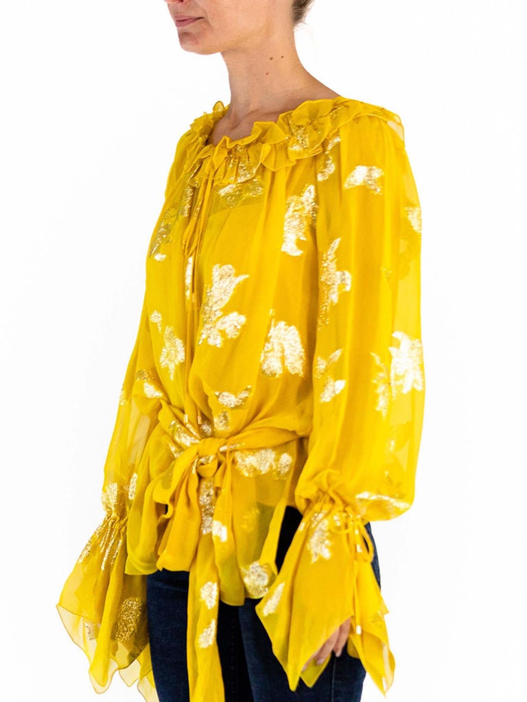 2000S EMANUEL UNGARO Yellow Gold Lamé Silk Fil Coupé Chiffon Blouse For ...