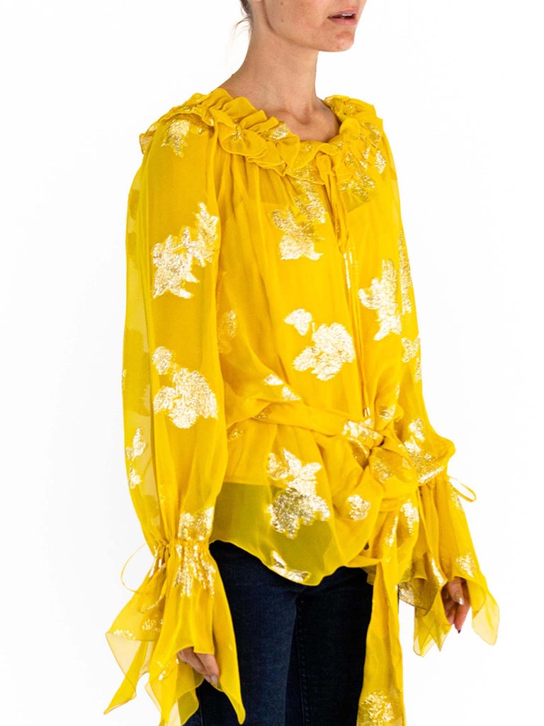 2000S EMANUEL UNGARO Yellow Gold Lamé Silk Fil Coupé Chiffon Blouse For ...
