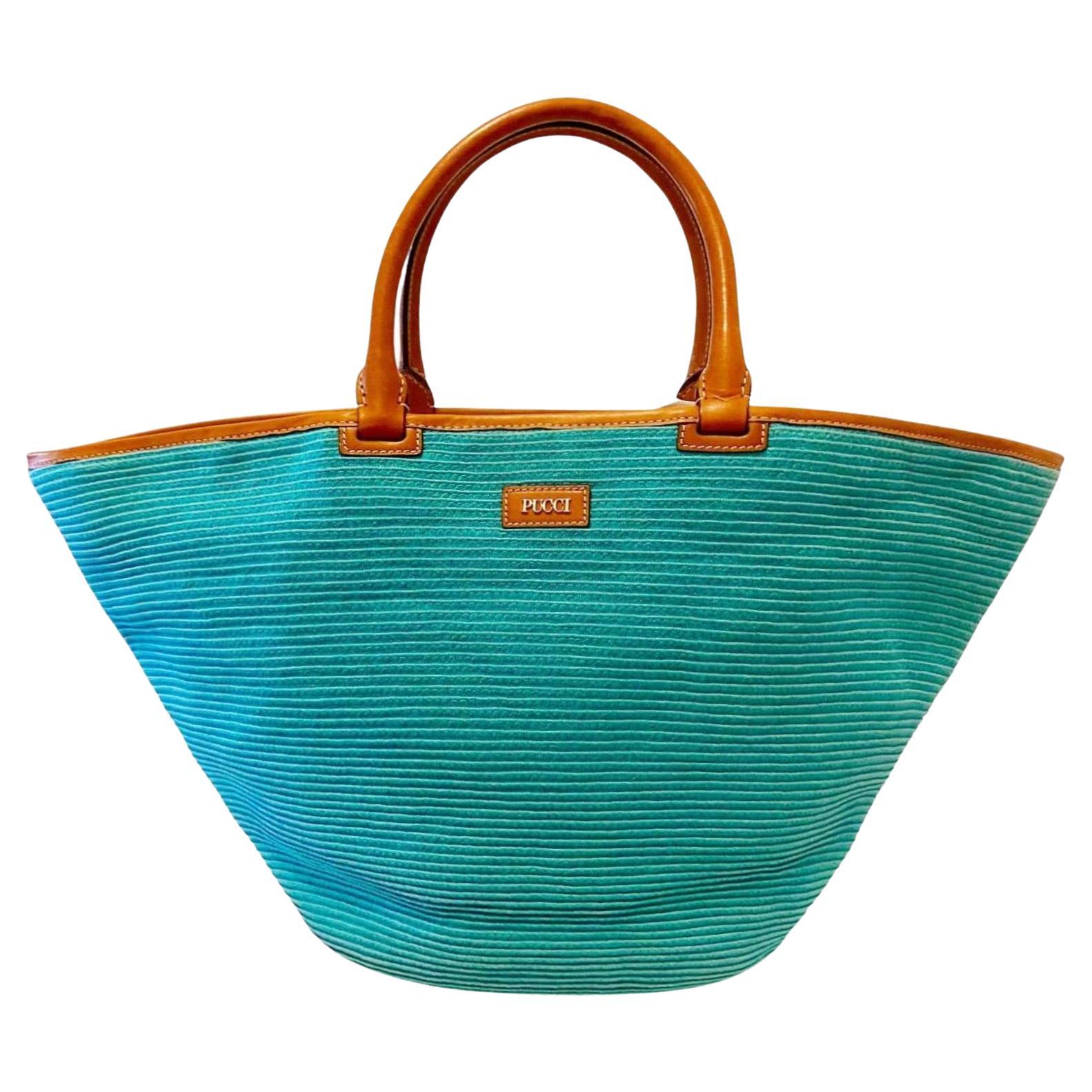 2000s Emilio Pucci Turquoise Canvas Tote Bag For Sale at 1stDibs