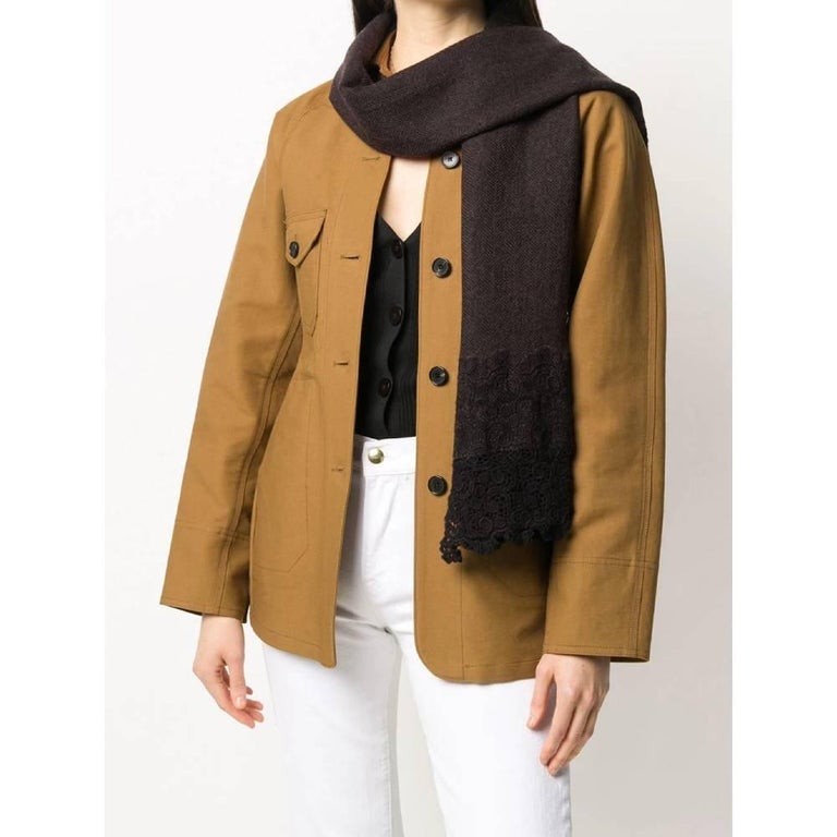 2000s Giorgio Armani brown wool scarf with pattern and macramé insert ...