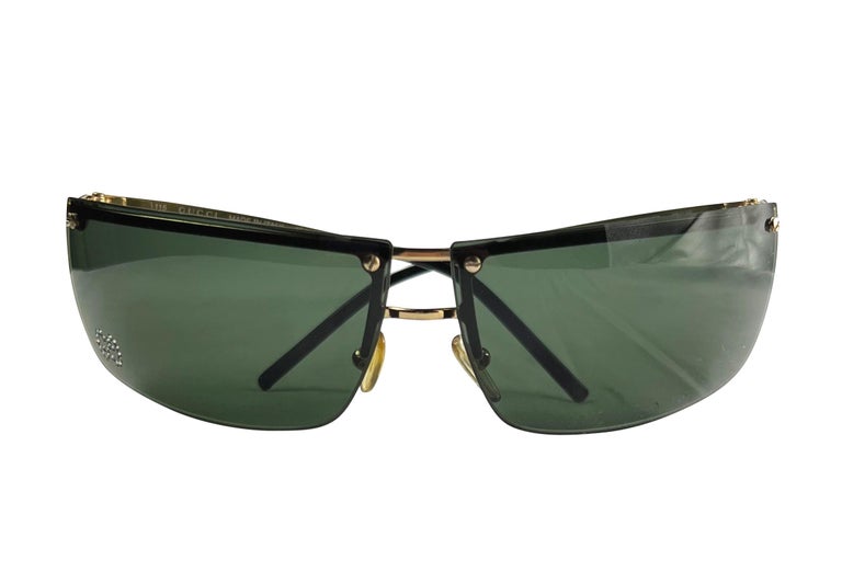 2000s Gucci by Tom Ford Rimless Gold Tone and Green GG Rhinestone ...