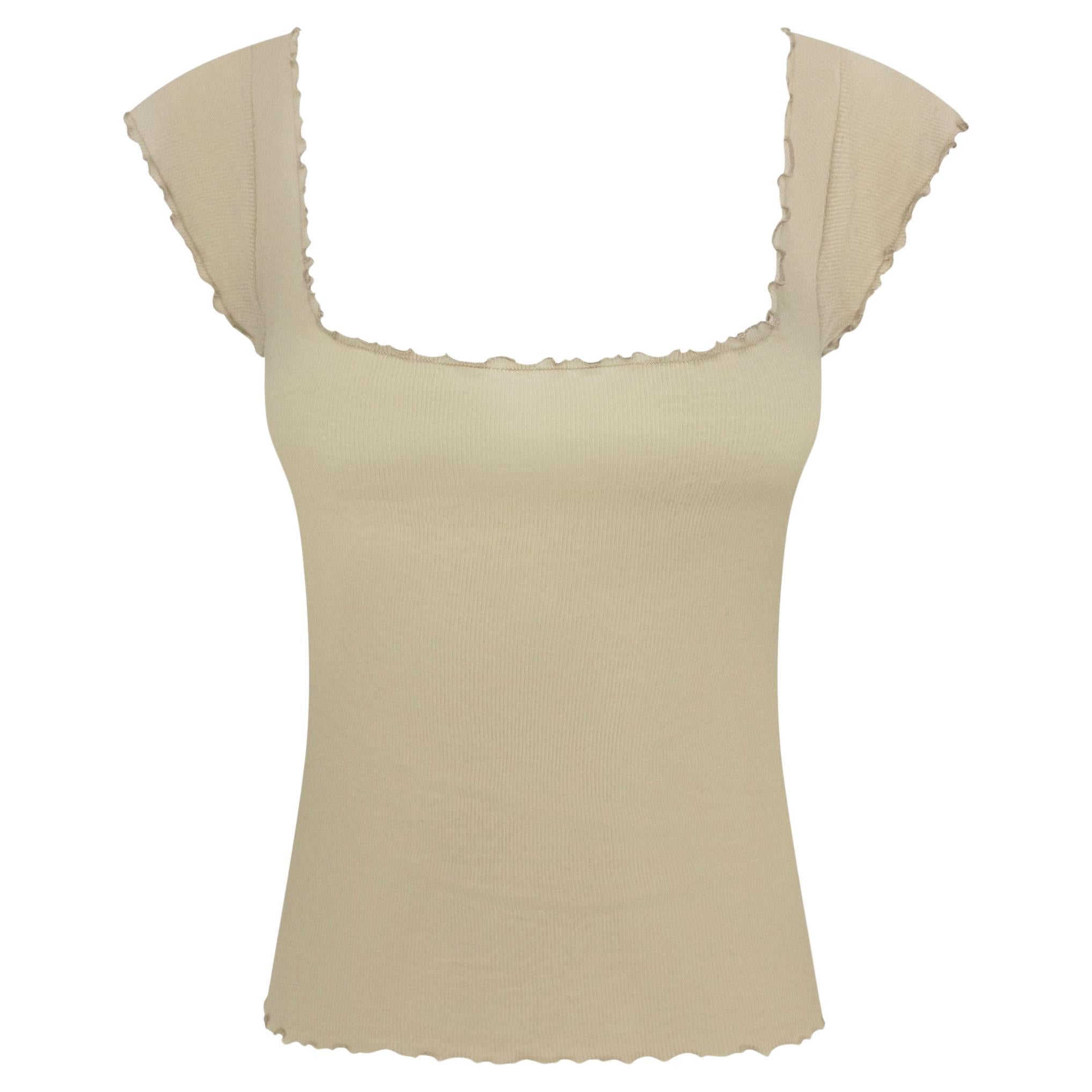 2000s Gucci by Tom Ford Tan Semi-Sheer Ribbed Cotton Ruffle Trim Baby T ...