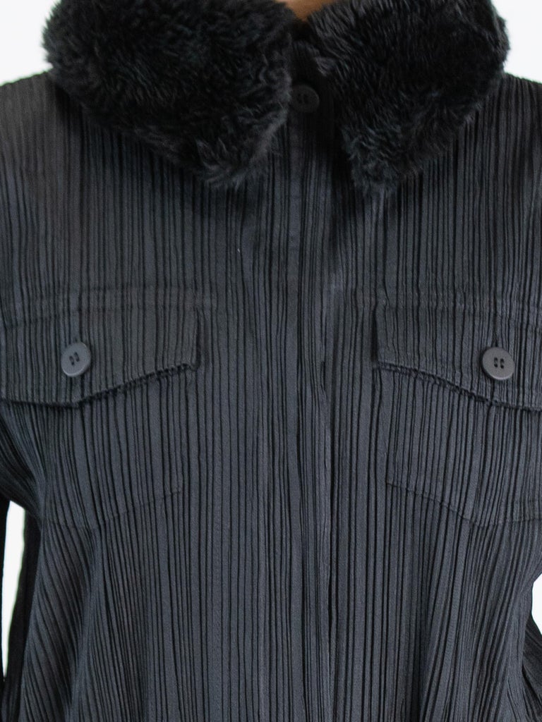 2000S ISSEY MIYAKE Black Polyester Pleated Long Trench Jacket With Faux ...