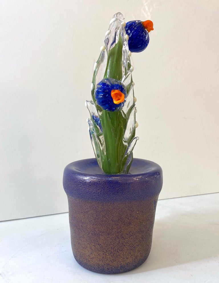 2000s Italian Moss Green Gold Murano Art Glass Cactus Plant with Blue ...
