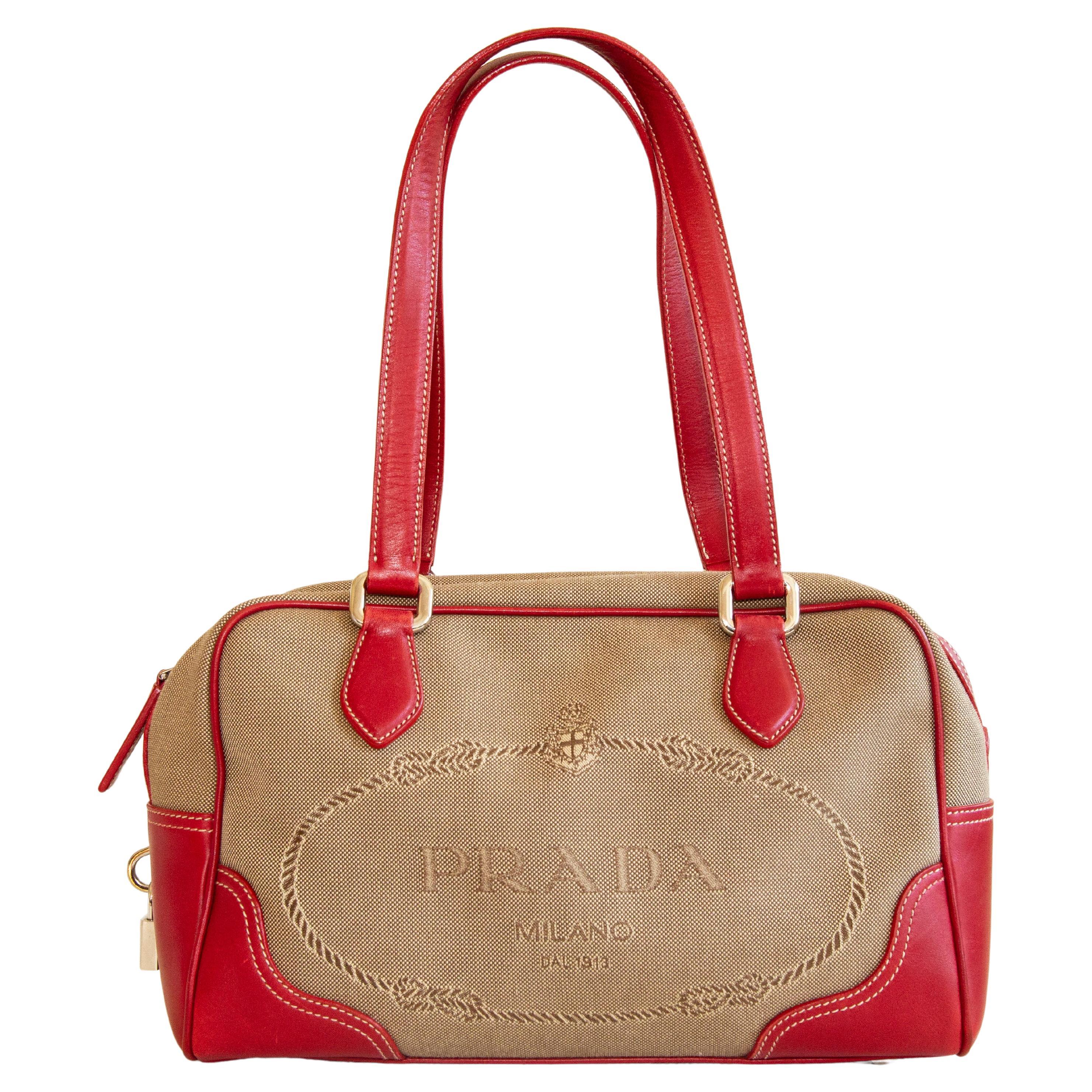 Prada Shoulder Bag Beige Jaquard and Red Leather Trim 2000s For Sale at ...
