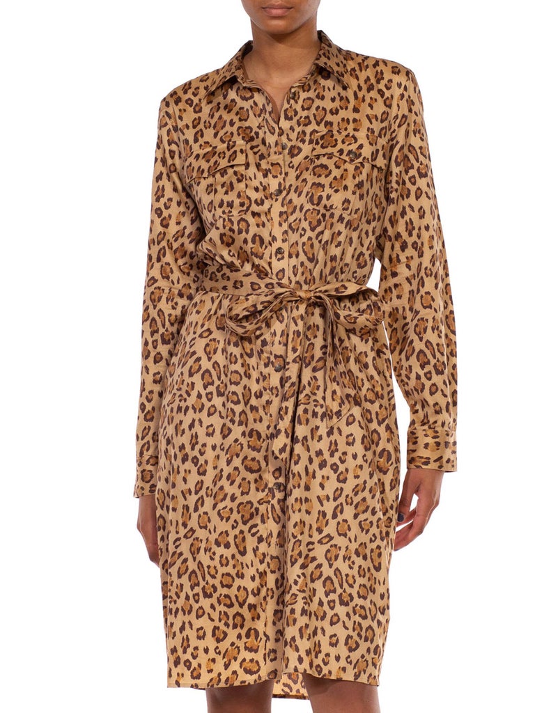 2000S RALPH LAUREN Leopard Print Brown Cotton Sateen Safari Shirt Dress ...