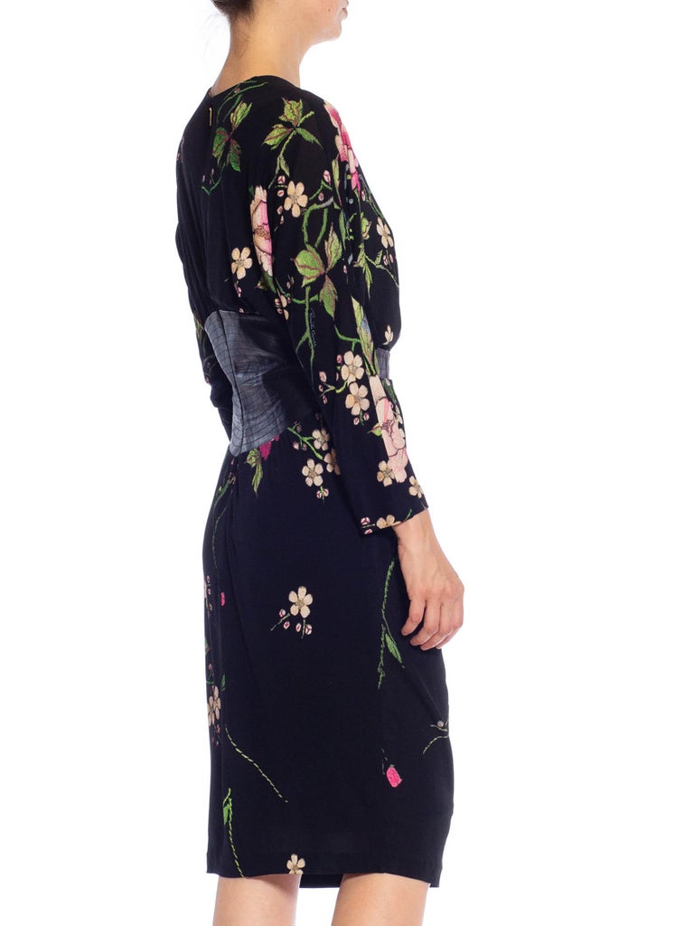 2000S ROBERTO CAVALLI Black Floral Rayon Jersey and Leather Dress For ...
