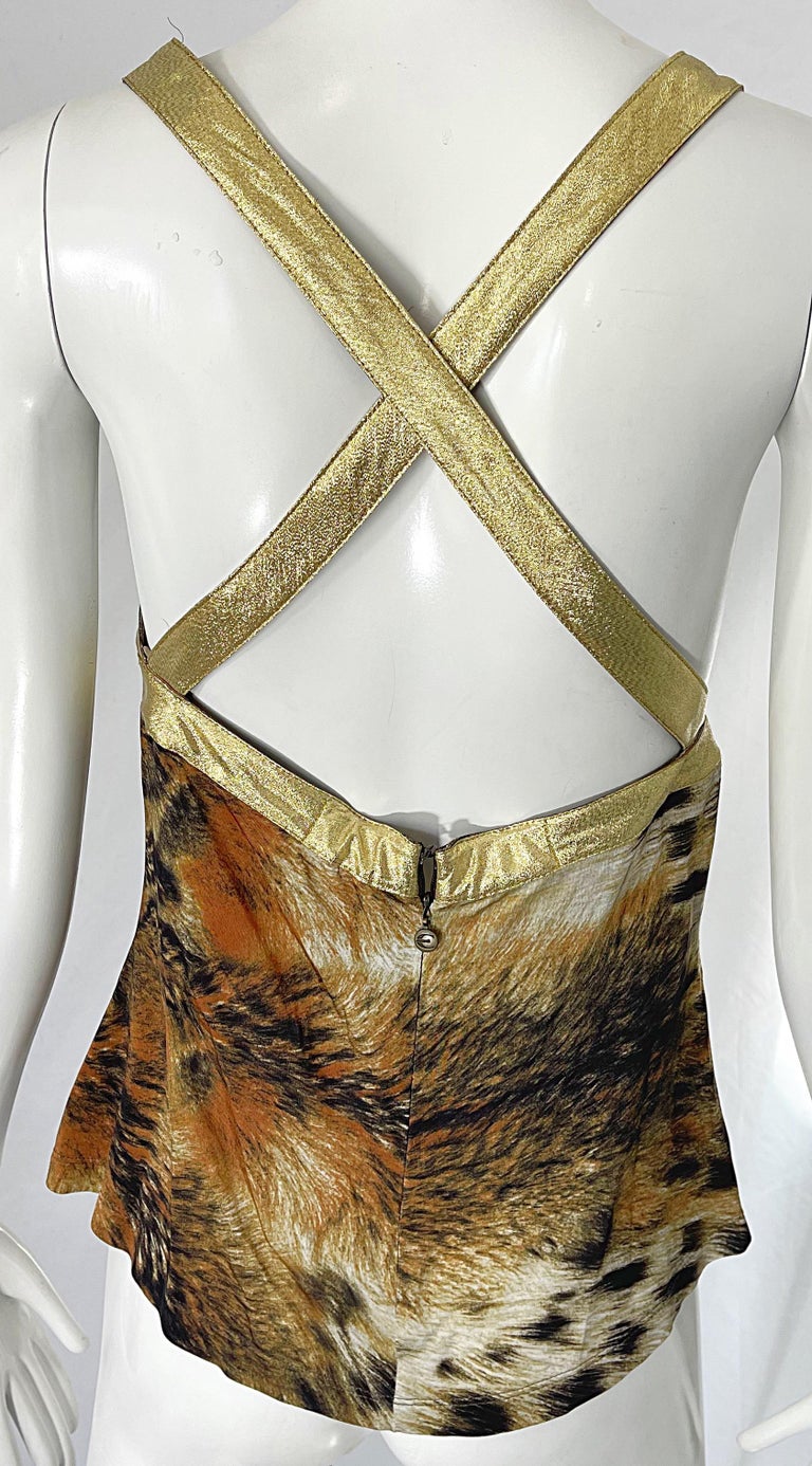 2000s Roberto Cavalli Lion Animal Print Gold Lame Size Large Racerback ...