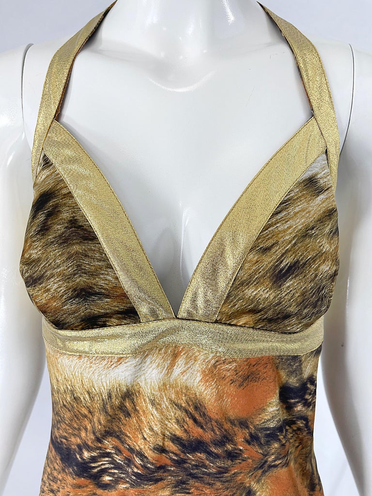 2000s Roberto Cavalli Lion Animal Print Gold Lame Size Large Racerback ...