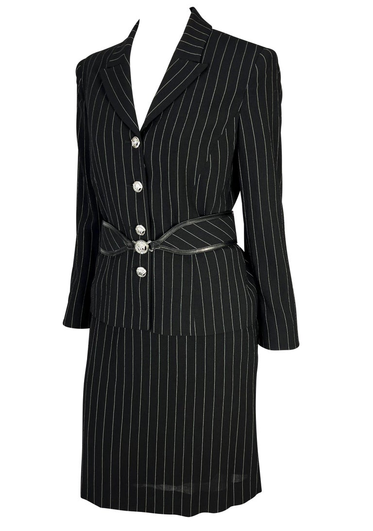 2000s Versace by Donatella Black Wool Blend Pinstripe Medusa Belted ...